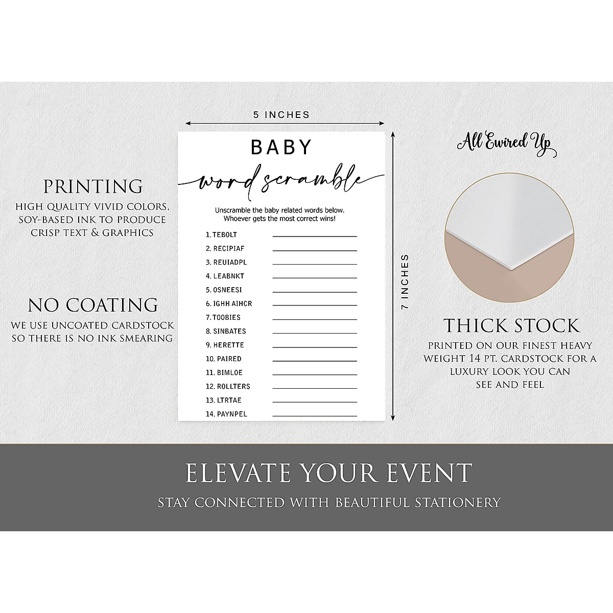 All Ewired Up 50 Baby Shower Word Scramble Game (50-Cards) Fun Baby Shower Game Activity, Gender Neutral Boy or Girl, Minimalist