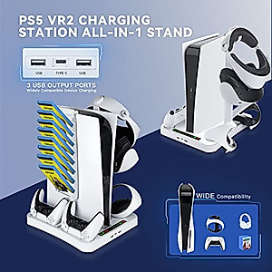 PSVR2 Charger & PS5 Controller Charging Station, PS5 Accessories for Playstation 5 Console,ps5 Stand with Cooling fan and Controller Charger, PSVR 2 Accessories Have 3 USB Ports & Led Indicator Light