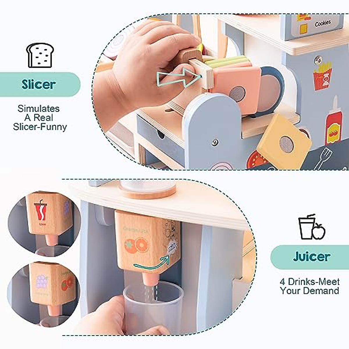 ROBOTIME Wooden Pretend Play Food Set for Kids, Hamburger Set Shop with Sandwich Counter Toys, Play Kitchen Food Toys for Toddlers Ages 3+