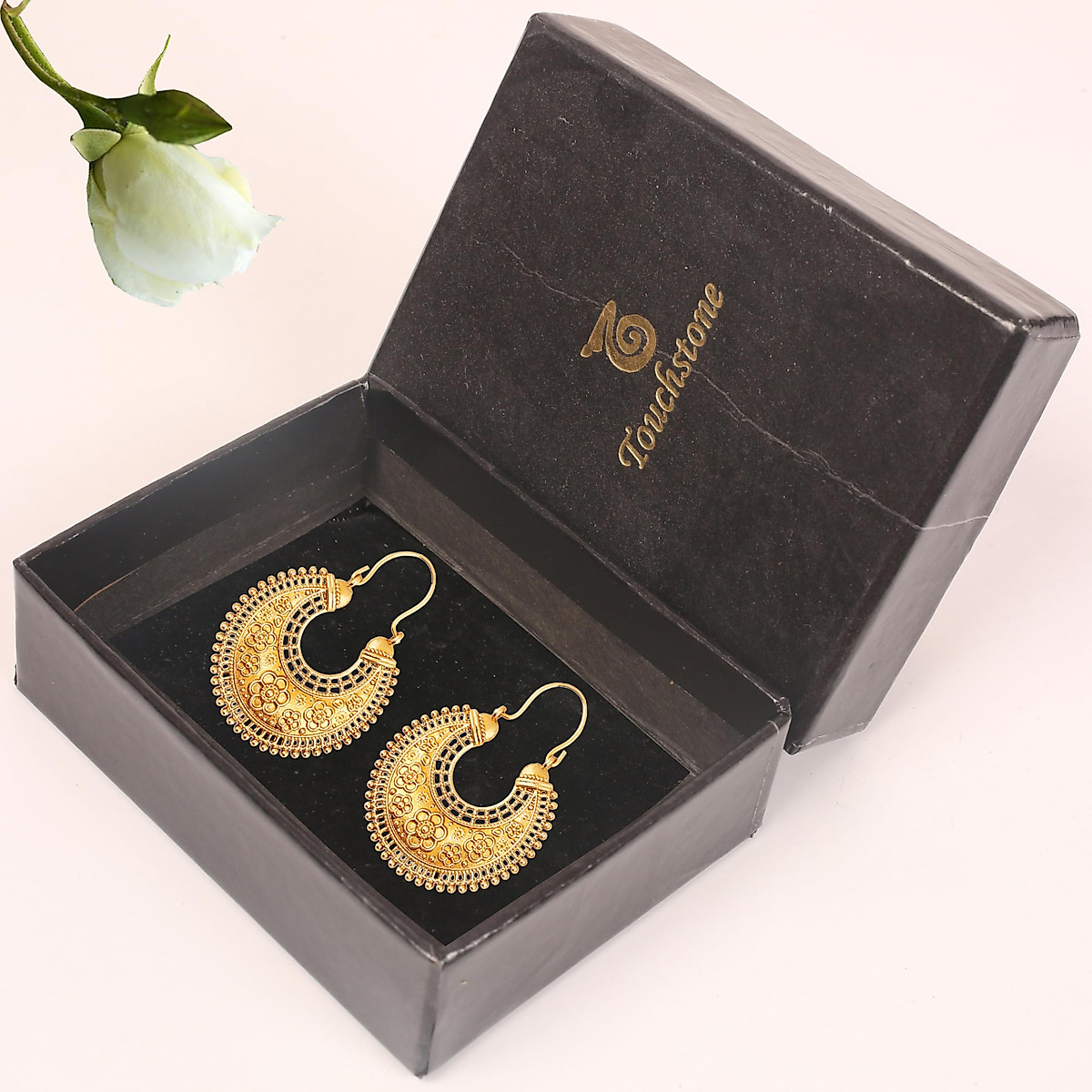Touchstone Indian bollywood pretty fringes and floral theme ethnic south Indian chandbali moon bridal designer jewelry chandelier earrings for women in antique gold tone.