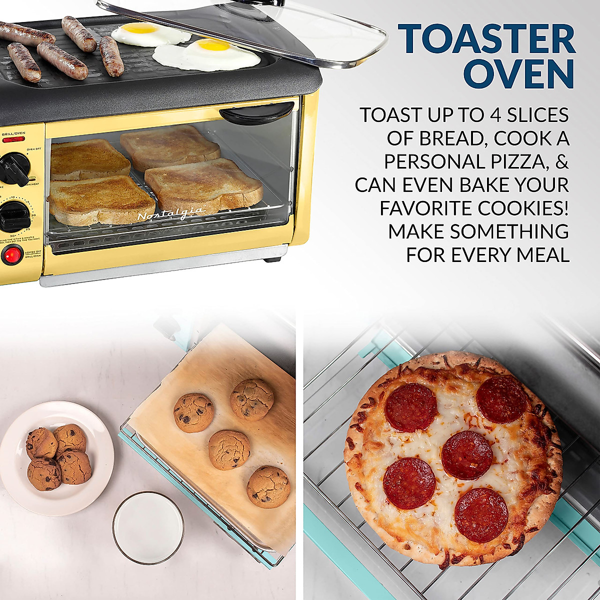 Nostalgia 3-in-1 Breakfast Station - Includes Coffee Maker, Non-Stick Griddle, and 4-Slice Toaster Oven - Versatile Breakfast Maker with Timer - Yellow