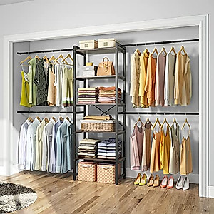 Timate P6i Heavy Duty Garment Rack Clothes Rack Adjustable Walk in Closet Organizer System Wall Mounted Closet Organizer Kit Expandable Hanging Rod 5-Tier Closet Storage Shelves, Fit 6-9ft Space Black