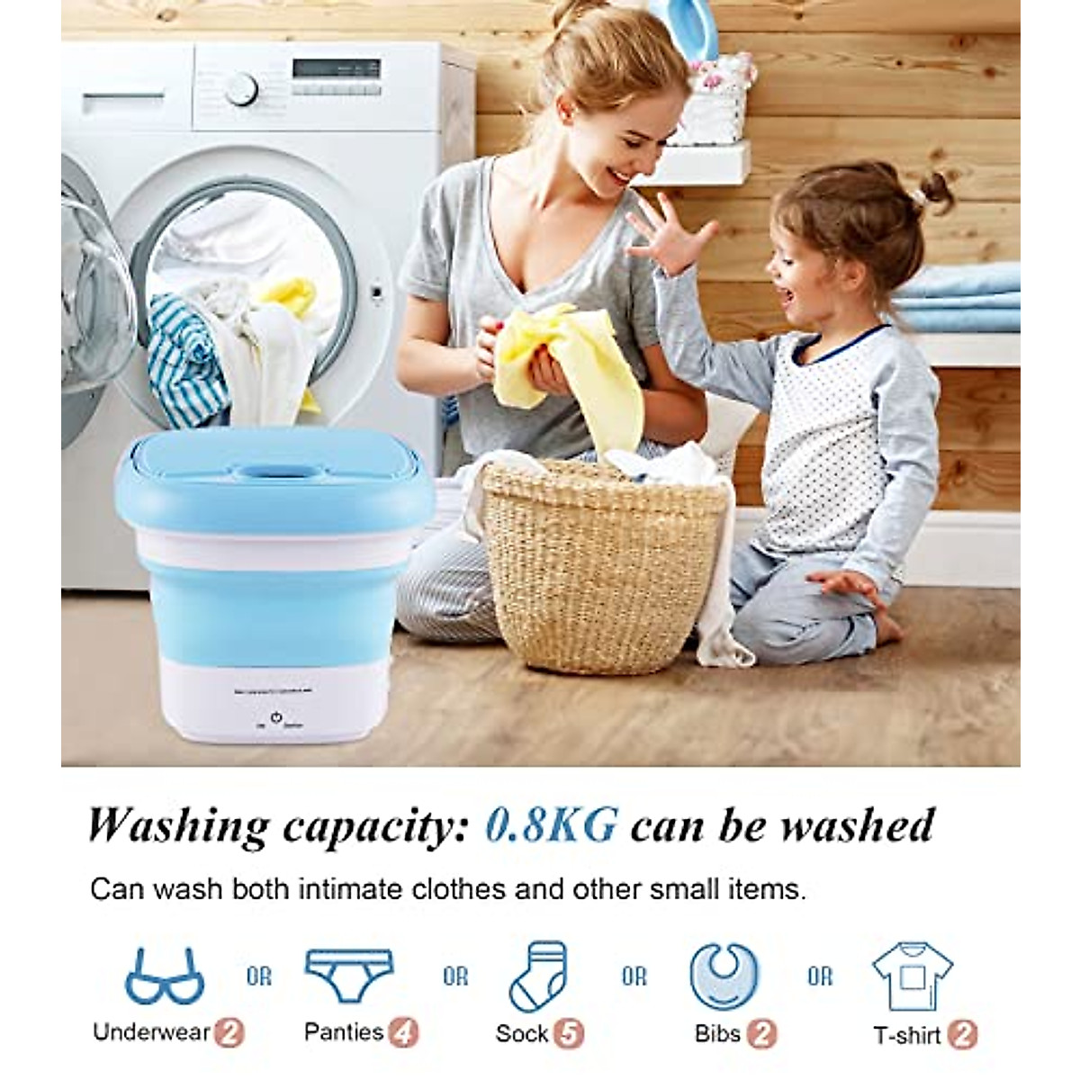 Portable Washing Machine, Mini Washer, Foldable Small Washer for Underwear, Socks, Baby Clothes, Towels, Delicate Items (Blue)