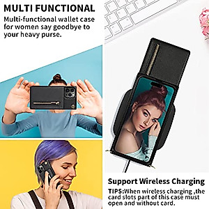 HOGGU Crossbody iPhone 14 Pro Max Case Wallet with Card Holder, Flip Leather iPhone 14 Pro Max Crossbody Case with Strap, Kickstand, Zipper Purse, Protective Square Phone Case for Women Girls-Black