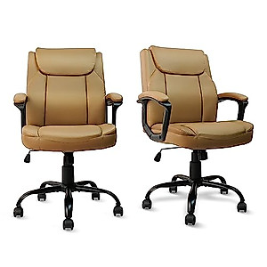 CLATINA Brown Office Chair Computer Chair PU Leather Executive Office Chair Swivel Adjustable Height Chair with Upholstery Fixed armrest Mid-Back Leather Thick Cushion Office Chair Brown 2Pack