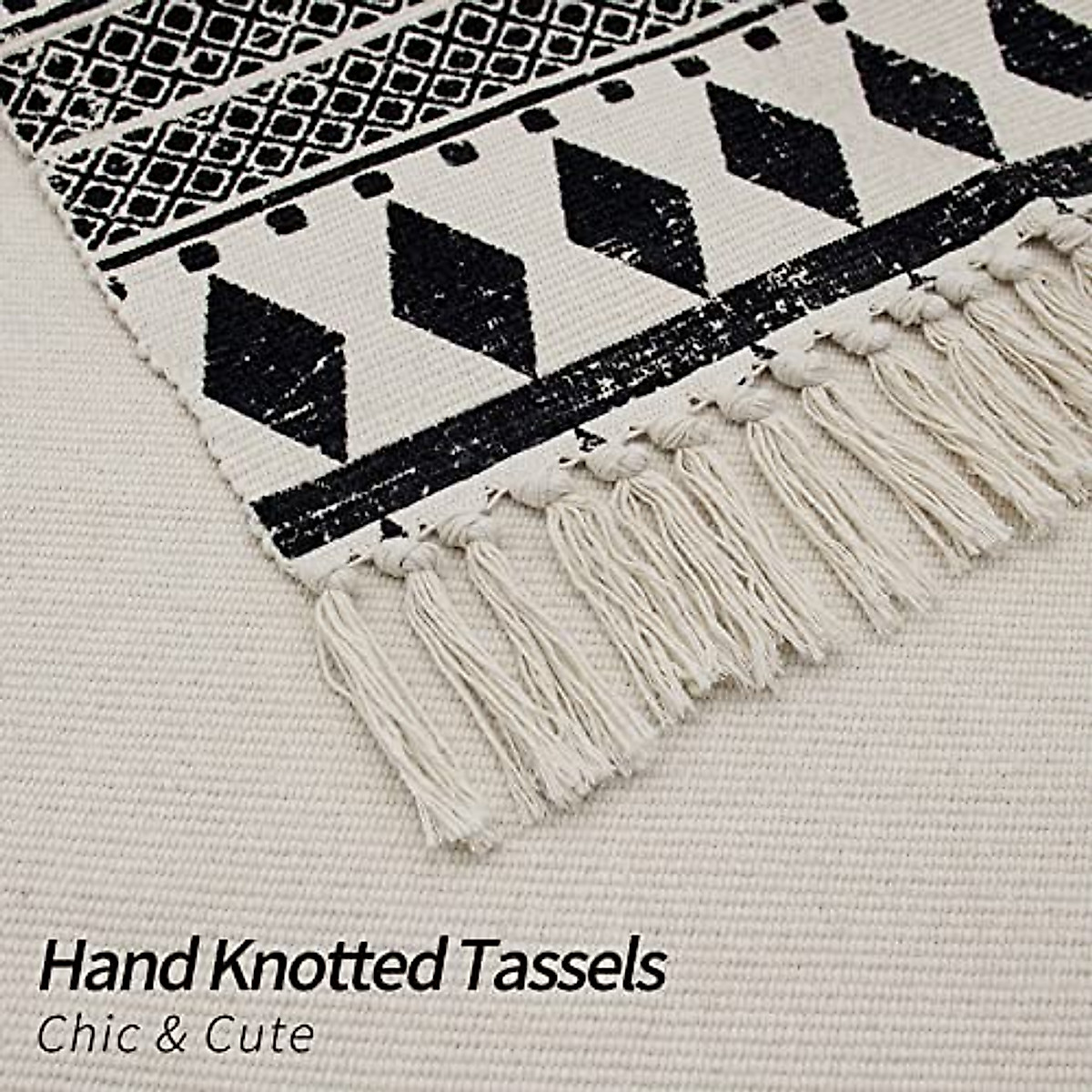 MitoVilla Black White Small Boho Bathroom Rug 2'x3', Vintage Kitchen Area Runner Rugs, Cream Tassel Boho Rug for Bedroom, Beige Farmhouse Geometric Throw Rug, Tribal Washable Bohemian Bath Mat