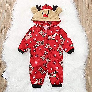 Matching Family Christmas Pajamas Sets Elk Antler Hooded Romper PJ's Zipper Jumpsuit Loungewear(Women,L)