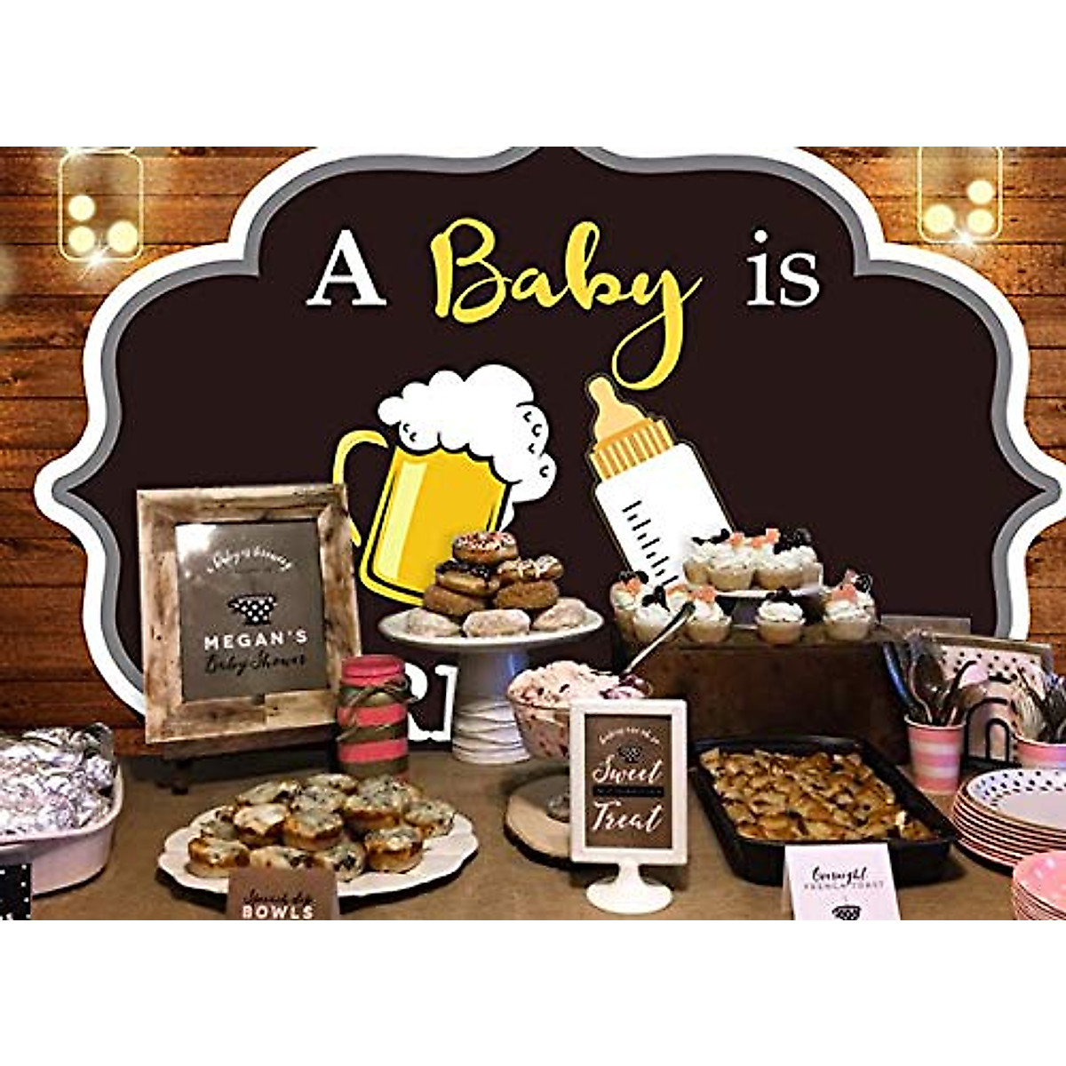 A Baby is Brewing Themed Photography Backdrop for Baby Shower Party Banner Decorations Vinyl 7x5ft Beer Bottle Rustic Wood Glitter Photo Background Photo Booth Studio Props Cake Table Supplies