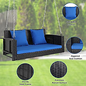 VINGLI Heavy Duty 800 LBS Wicker Hanging Porch Swing with Cushions & Chains, 4FT Outdoor Rattan Swing Bench for Garden, Yard, Lawn (Black+Blue)