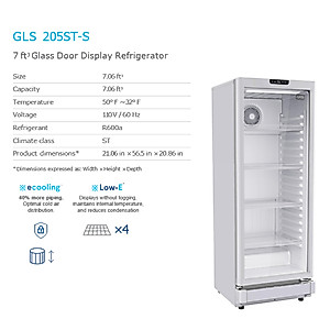 GRS Glass Door Display Refrigerator - 7.1 Cubic Feet Display Beverage Light Commercial Fridge, eCooler System, Adjustable Shelves, Ideal for Convenience Stores - White