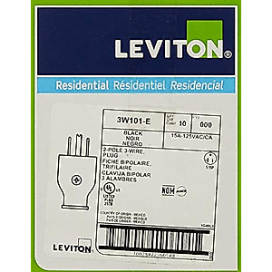 Leviton 3W101-E 2-Pole 3-Wire Grounding Plug, 10-Pack, Black