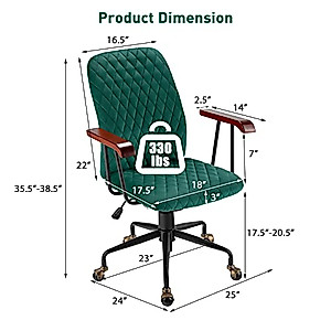 Giantex Home Office Desk Chair Green, Vintage Adjustable Swivel Rolling Chair with Copper Wheels & Armrest, Mid Century Leisure Chair, Velvet Upholstered Computer Chair for Work, Study