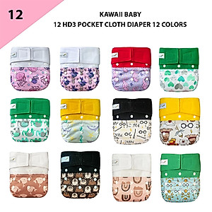 12 KaWaii Baby One Size HD3 Cloth Diapers + 24 One Size Stay-Dry Super Absorbent Inserts 8-36 pounds Unisex - Best Daycare Cloth Diaper