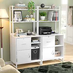 Homieasy Vertical Filing Cabinet with Lock & Charging Station, Large Drawer Wood File Cabinet with Bookshelf, Printer Stand with Open Storage Shelf, fits Letter Size for Home Office, White