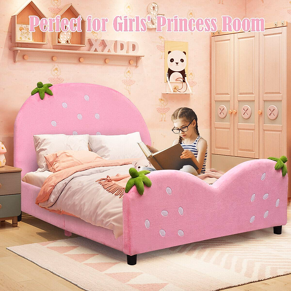 Costzon Twin Bed Frames for Kids, Wood Upholstered Twin Bed Platform with Slat Support, Padded Headboard&Footboard, No Box Spring Needed, Easy Assembly, Fits Standard Twin Mattress (Strawberry)