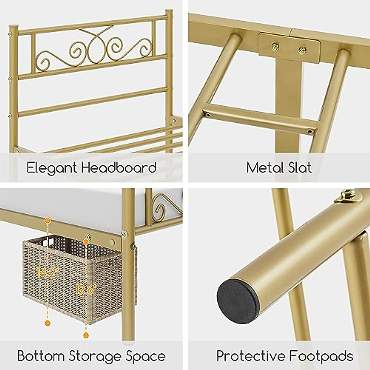 Yaheetech Twin Bed Frames Metal Platform Bed with Headboard and Footboard No Box Spring Needed Easy Assembly,Ground Clearance: 12.6''/Antique Gold/Twin Bed