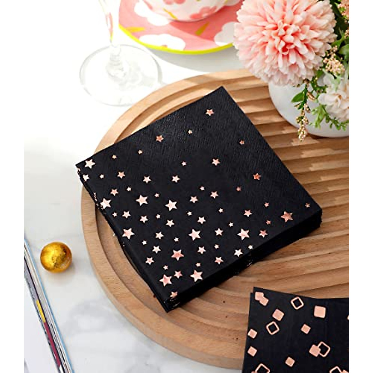 100 Black and Rose Gold Napkins - 4 Assorted Designs, 3-Ply Cocktail Napkins Folded 5x5 Inches Bar Napkins Disposable Beverage Party Napkins Paper Napkins Dinner for Wedding Birthday