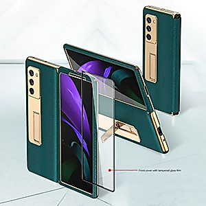 EAXER Compatible with Samsung Galaxy Z Fold 3 5G Case Metal Stand Front with Tempered Glass Cover Luxury Leather Hybrid Plating PC with Kickstand Cover Shockproof Protective Fold Case (Black)
