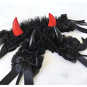 CoBtee Gothic Lolita Headdress Lace Devil Horns Cosplay Headbands Hair band Hair Accessories Headwear Halloween Party (black devil horns)