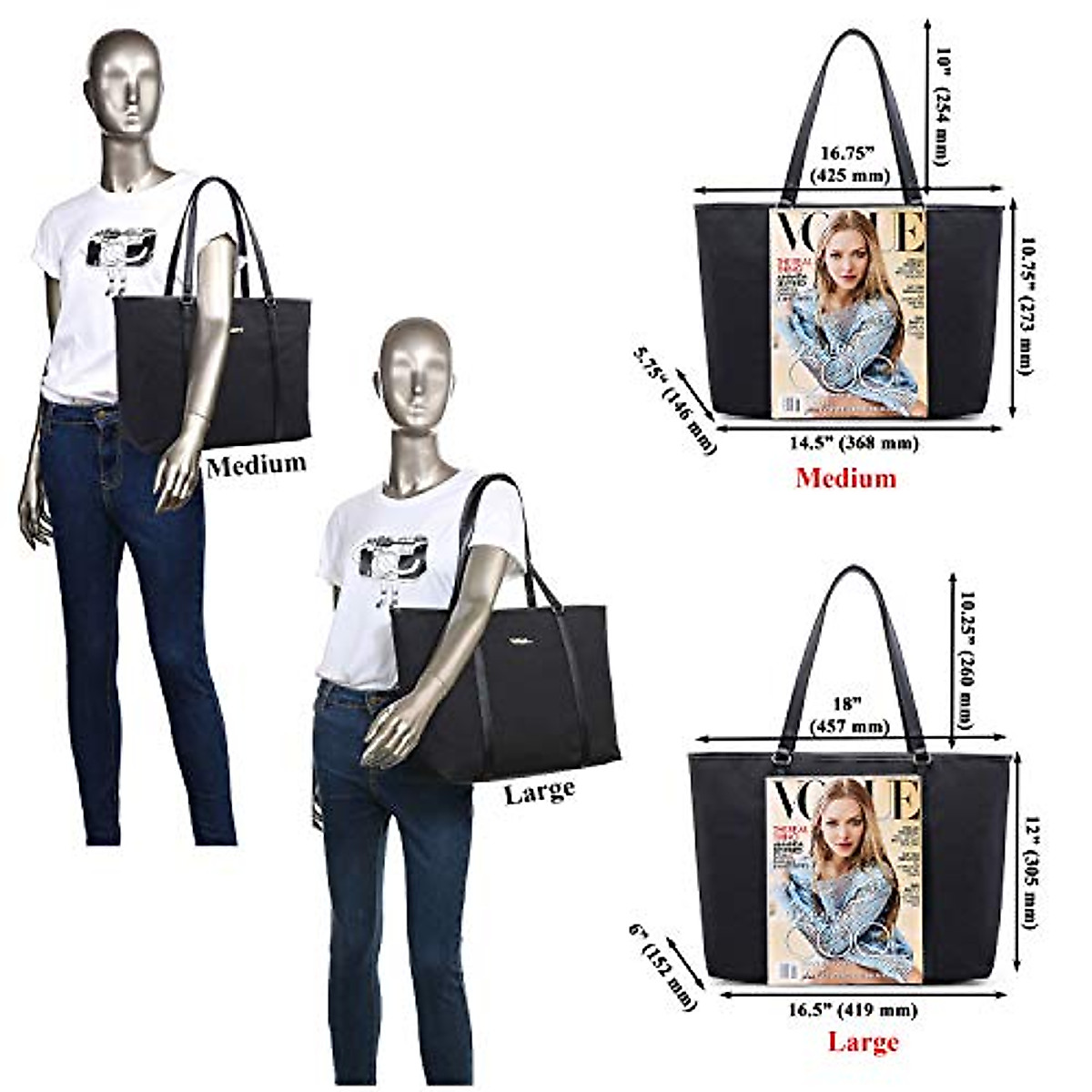 NNEE Medium Capacity Water Resistance Nylon Travel Work Tote Shoulder Bag - Medium, Black