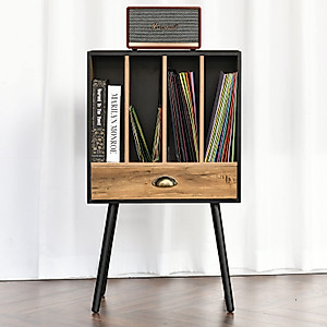 Record Player Stand, Turntable Stand with 4 Cabinet and Drawer, Mid-Century Modern Vinyl Record Storage Stand with Wood Legs, Vinyl Storage 140 LPs, Record Player Table for Living Room Bedroom