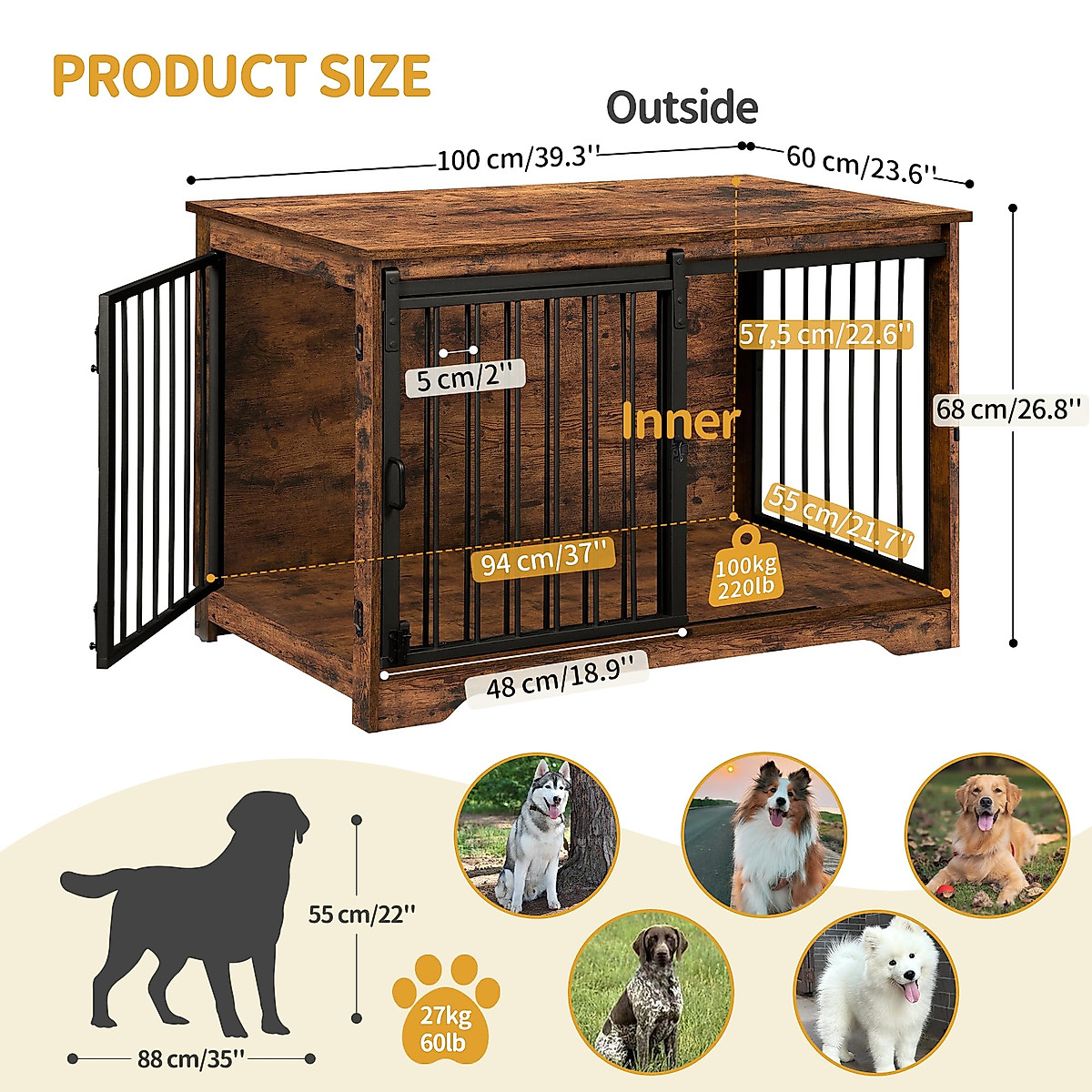 Hzuaneri Dog Crate Furniture, 39.4" Double Door Dog Crate with Barn Door, Dog Kennel Indoor, End Side Table Wooden Dog Crate for Small Medium Large Dog, Anti-Chew Anti-Escape, Rustic Brown DFC02301B