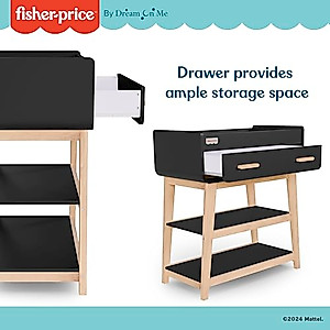 Fisher Price Iris/Siesta Changing Table by Dream On Me, Matte Black Vintage Oak, JPMA & Greenguard Gold Certified, with a Bottom Closed Drawer and Two Open Shelves for Storage