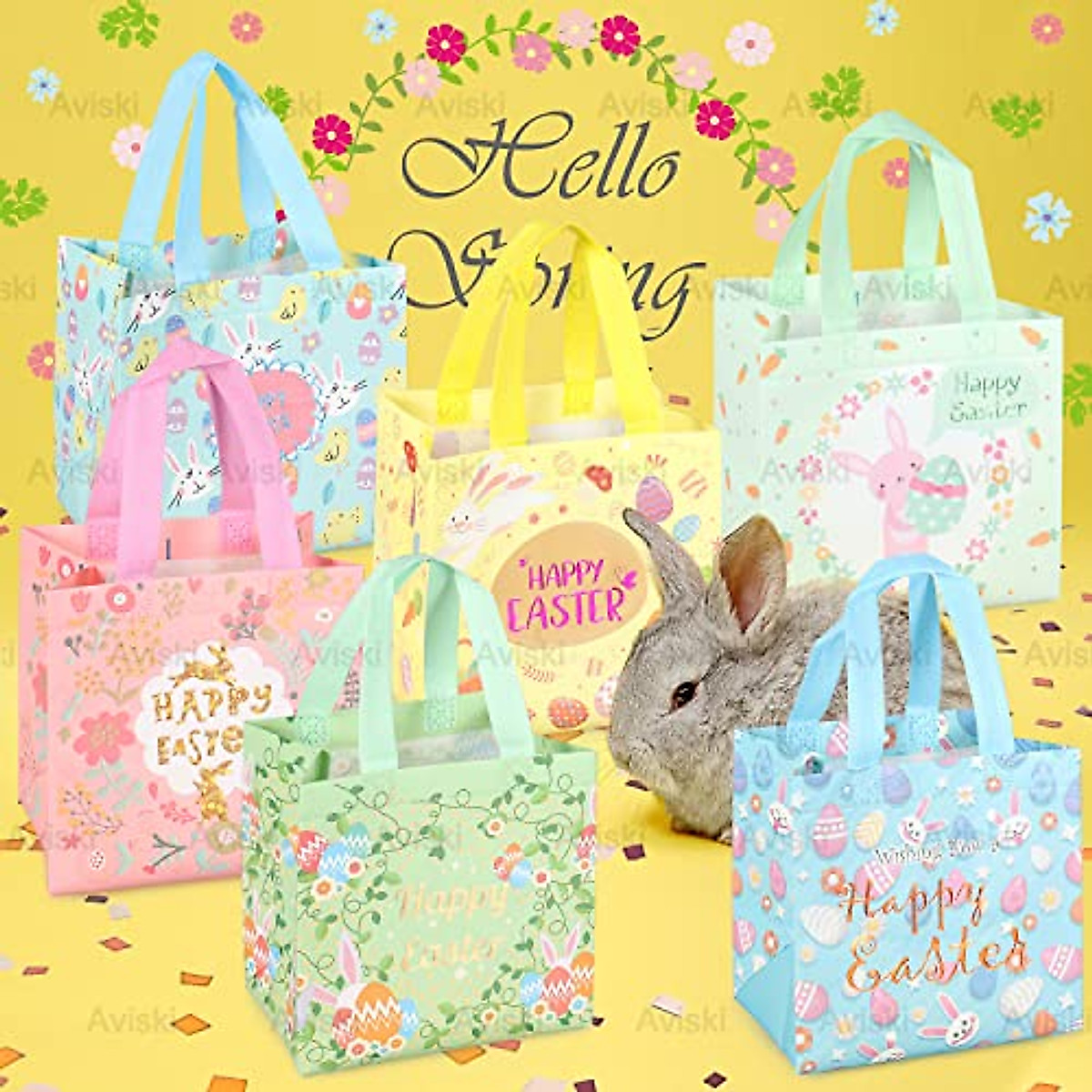 6PCS Happy Easter Egg Hunt Bags Bunny Carrot Chick Metallic Printing Gift with Handles, Treat Bags, Multifunctional Non-Woven for Gifts Wrapping, Party Supplies , 8.3×7.9×5.9inch