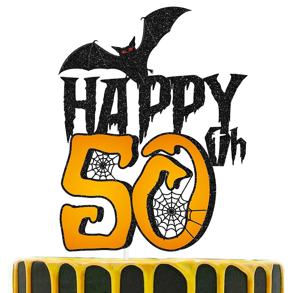 Halloween Theme 50th Happy Birthday Cake Topper - Halloween Theme Birthday Party, Halloween Bat Theme Anniversary Party, Spooky Spider Bat Decoration - LIANGSS