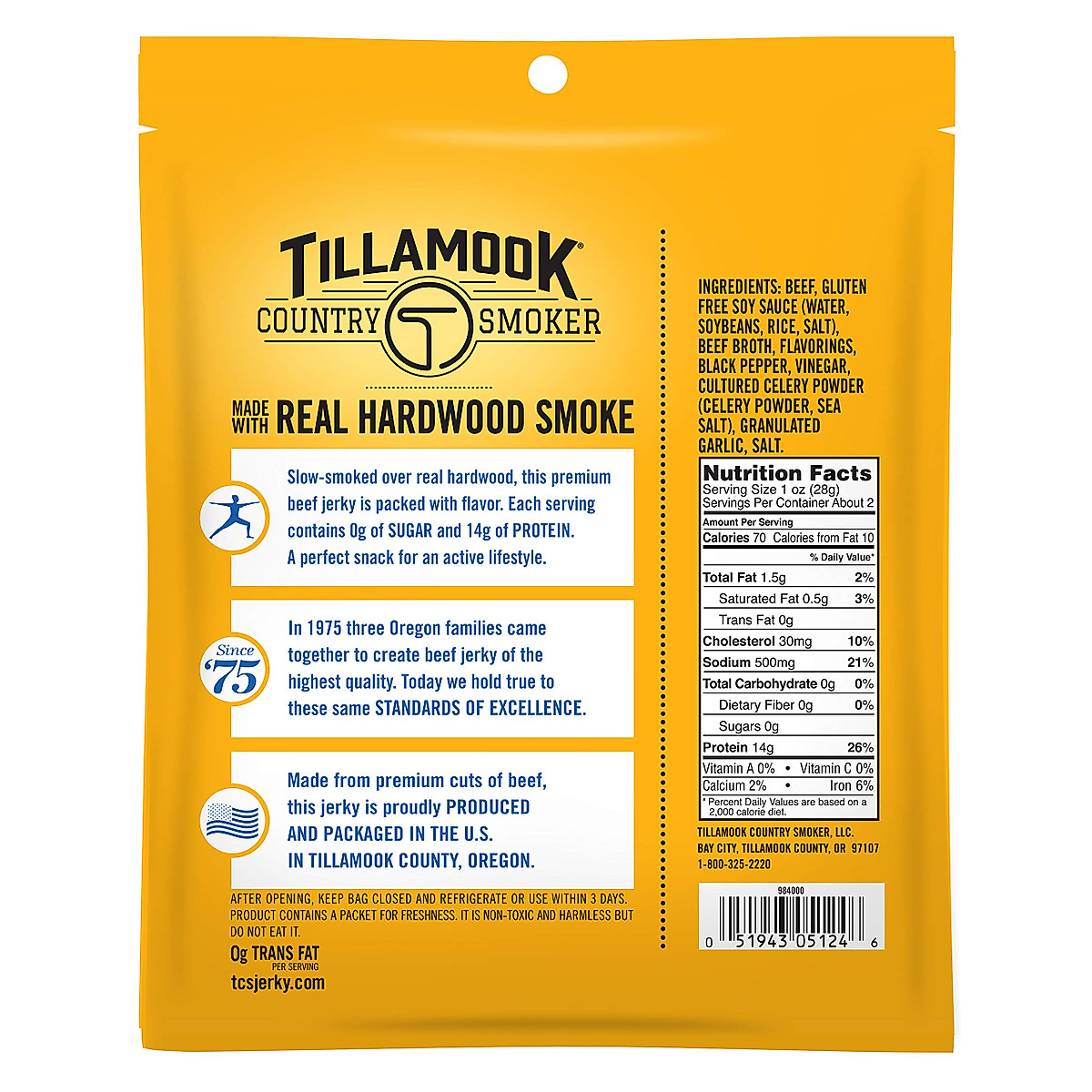 Tillamook Country Smoker Keto Friendly Zero Sugar Beef Jerky, Black Pepper, 2.2 Ounce (Pack of 4)