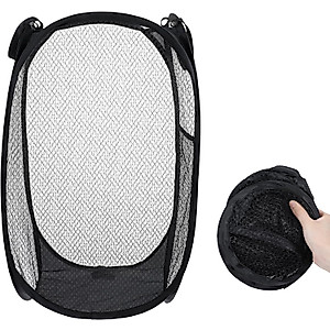Gjinxi Strong Mesh Pop up Laundry Hamper Basket Large Collapsible Mesh Laundry Basket Pop Up Hamper Foldable Mesh Laundry Bag Travel Black Hamper Basket Pocket Storage with Handles