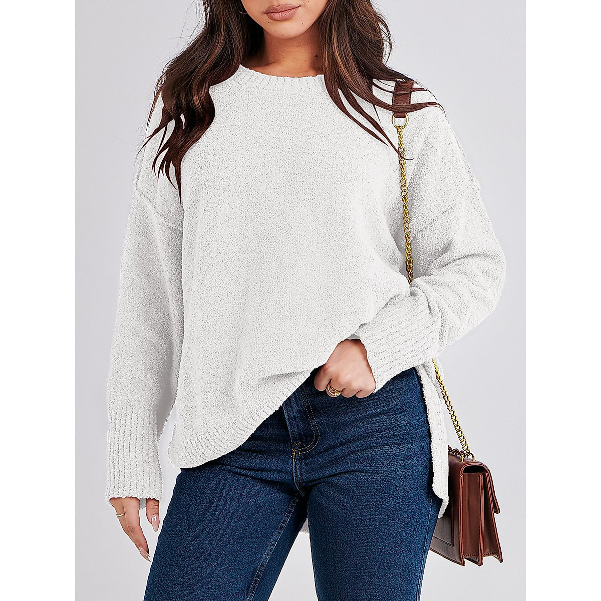 ANRABESS Women's 2024 Fall Oversized Long Sleeve Chunky Fuzzy Knit Casual Crewneck Warm Pullover Sweaters Top Trendy Outfits White