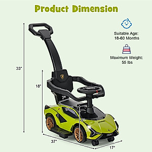 OLAKIDS 3 in 1 Ride on Push Car, Licensed Lamborghini SIAN Baby Sliding with Parent Control Handle Universal Wheels Guardrails, Toddlers Walking Toy with Music, Under Seat Storage (Green)