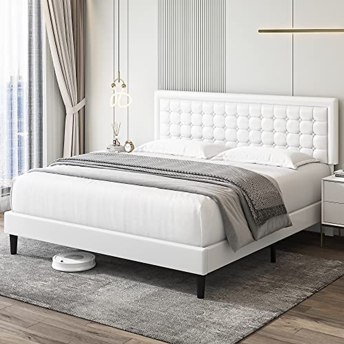 HIFIT King Size Bed Frame, Upholstered Platform Bed with Button Tufted Adjustable Headboard, Modern Faux Leather Upholstered Mattress Foundation, No Box Spring Needed, Easy Assembly, White