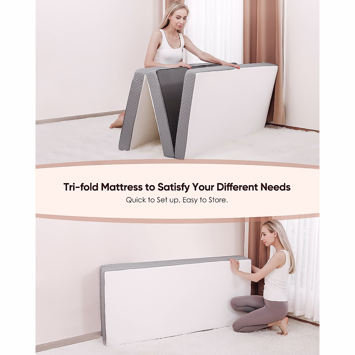 Forias Memory Foam Folding Mattress Full with Storage Bag, 4 Inch Tri-fold Mattress, Breathable Foldable Mattress Topper Portable Mattress for Floor Guest Bed Full Size 75" L x 54" W x 4" H