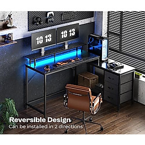 Huuger Reversible L Shaped Computer Desk with Drawers, Gaming Desk with LED Lights and Power Outlets, Office Desk with Storage Shelves, for Home & Office, Black