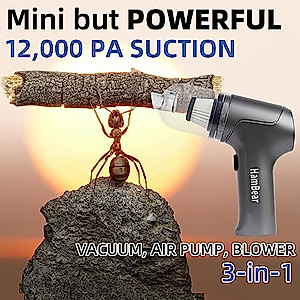 HamBear Mini Vacuum Cleaner 3-in-1 for Car, 12000PA Powerful Suction, 80000RPM Brushless Motor, Tiny Handheld Dust Buster, Vacuum Air Pump and Blower Cordless for Home, Keyboard, Pet Hair Cleaning