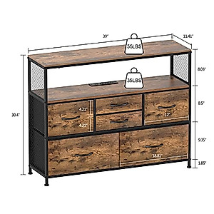 Simoretus TV Stand with Power Outlet and Fabric Drawers Entertainment Center for TV up to 45 inch Industrial Open Storage Shelf Media Console Dresser for Living Room Bedroom