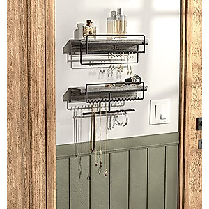 J JACKCUBE DESIGN Rustic Wood 2 Tier Jewelry Organizer, Hanging Wall Mount Accessories Display Rack for Earrings, Necklaces, Breacelet, Rings, Scrunchies with Shelf- MK628A (Rustic Wood)