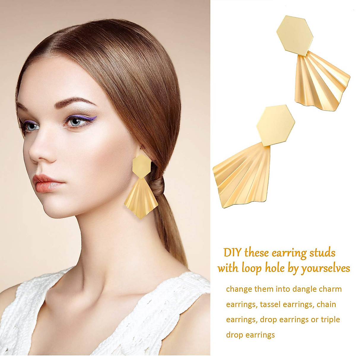 Hicarer 90 Pcs Gold Plated Earring Posts for Jewelry Making Earring Studs with Loop Hole Palm-Leaf Shaped Earring Finding Shell Heart Flower Track Ear Pad Base Posts for Women