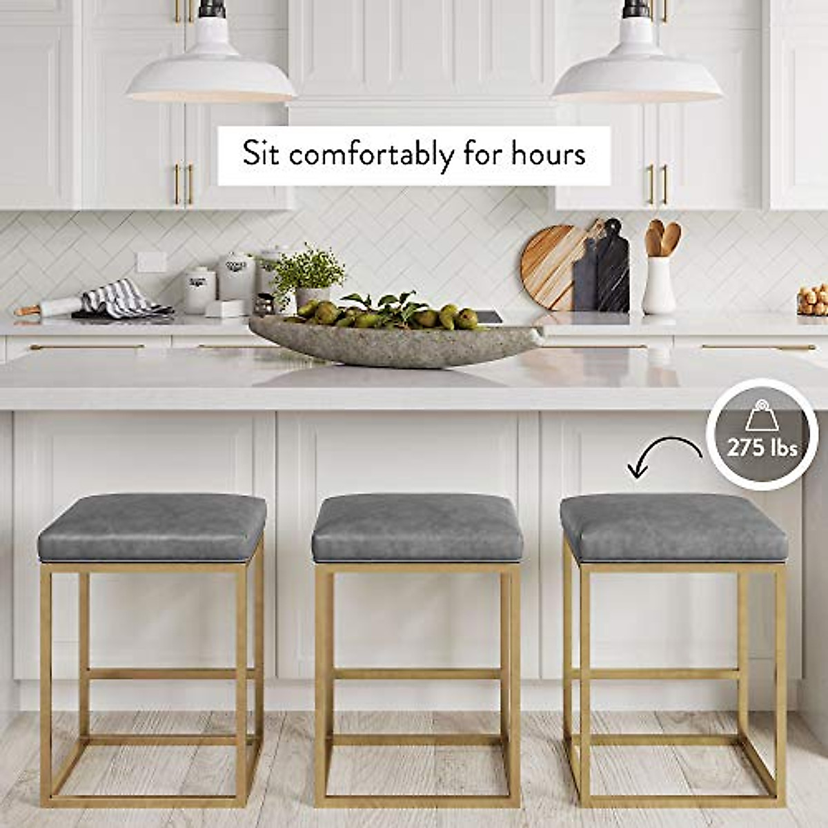Nathan James Nelson Backless Pub-Height Kitchen Counter Bar Stool with Faux Leather Cushion and Metal Base, 24", Gray/Gold