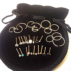 N/D 20G 30Pcs Nose Ring, CZ L Bone Screw Shape Nose Studs, Stainless Steel Body Piercing Jewelry, Women Men Silver Tone