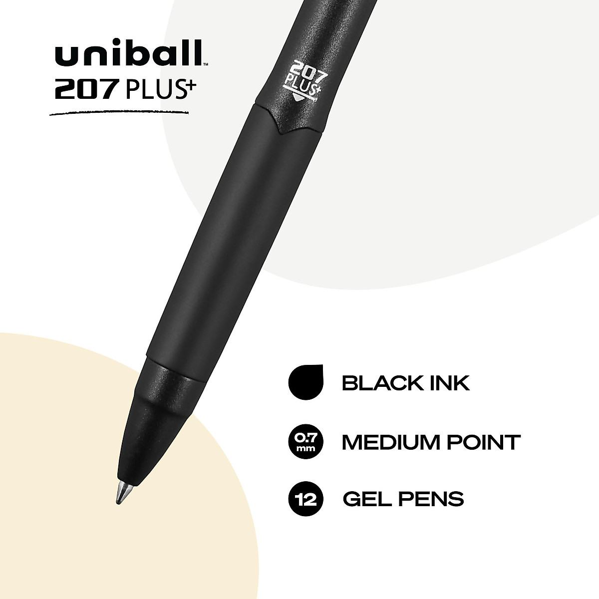 uniball 207 Plus+ Retractable Gel Pens 12 Pack in Black with 0.7mm Medium Point Pen Tips - Uni-Super Ink+ is Smooth, Vibrant, and Protects Against Water, Fading, and Fraud