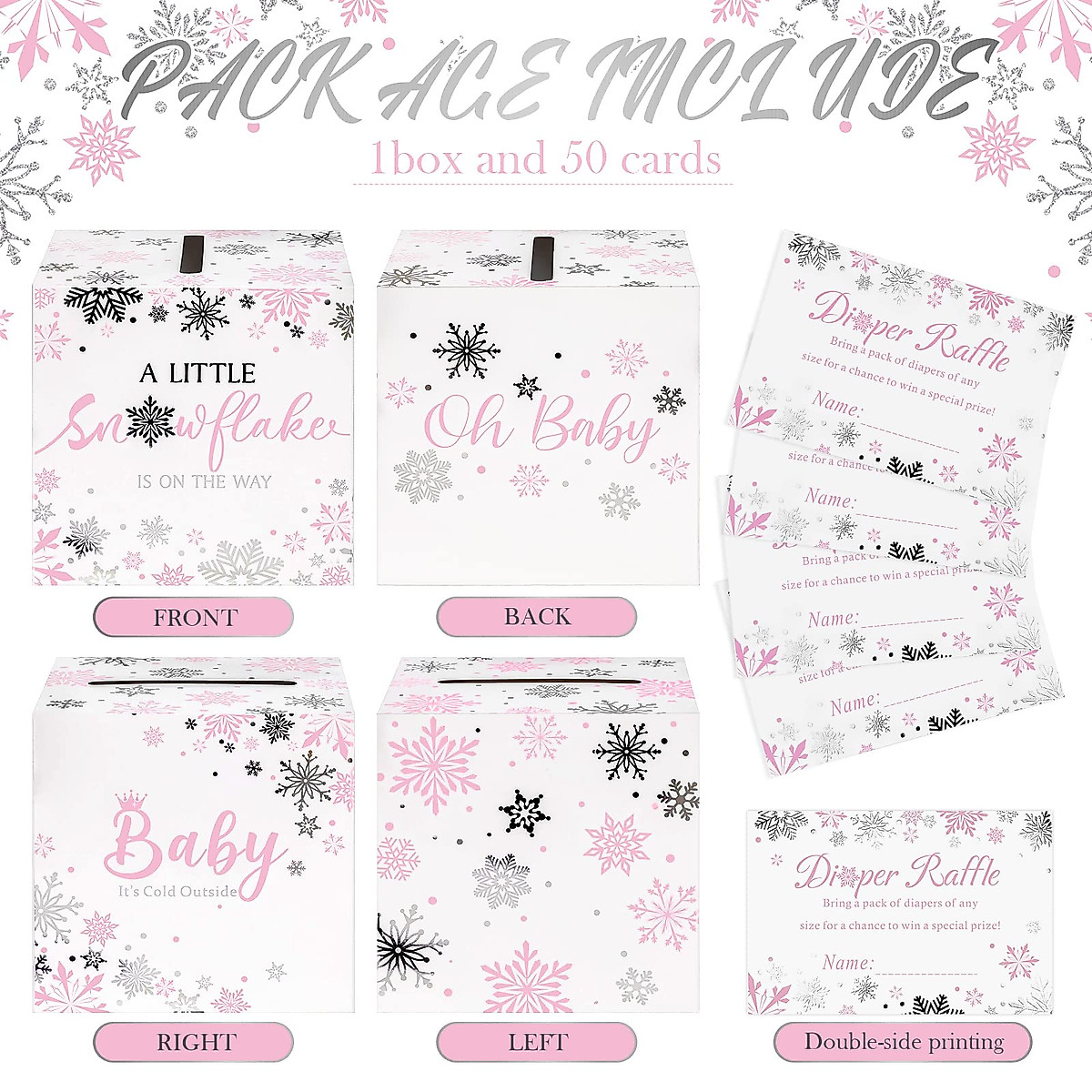 51 Pcs Diaper Raffle Tickets with Baby Shower Card Box Winter Wonderland Diaper Raffle Game Box Snowflake Diaper Raffle Sign Box Insert Cards for Gender Reveal Baby Shower Game Kit Party Decorations