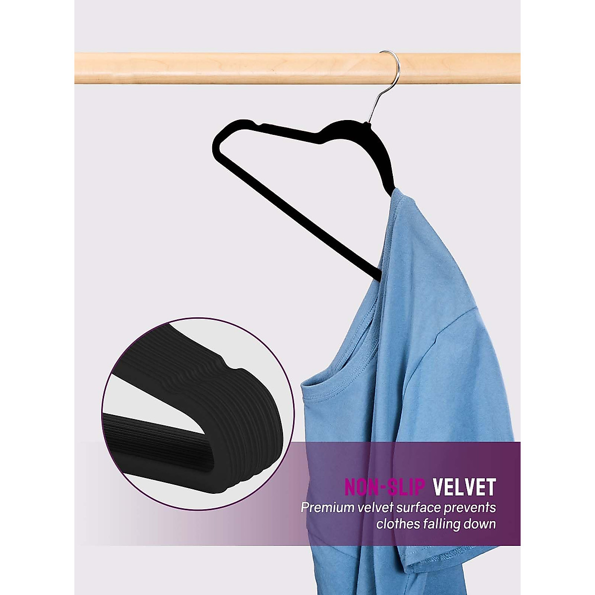 Pretigo Premium Velvet Hangers 50 Pack, Non-Slip Clothes Hangers Black, Space-Saving Velvet Clothes Hangers for Coats, Pants & Dress, Sturdy Heavy Duty Felt Hangers 360° Swivel Hook, Elegant Wardrobe