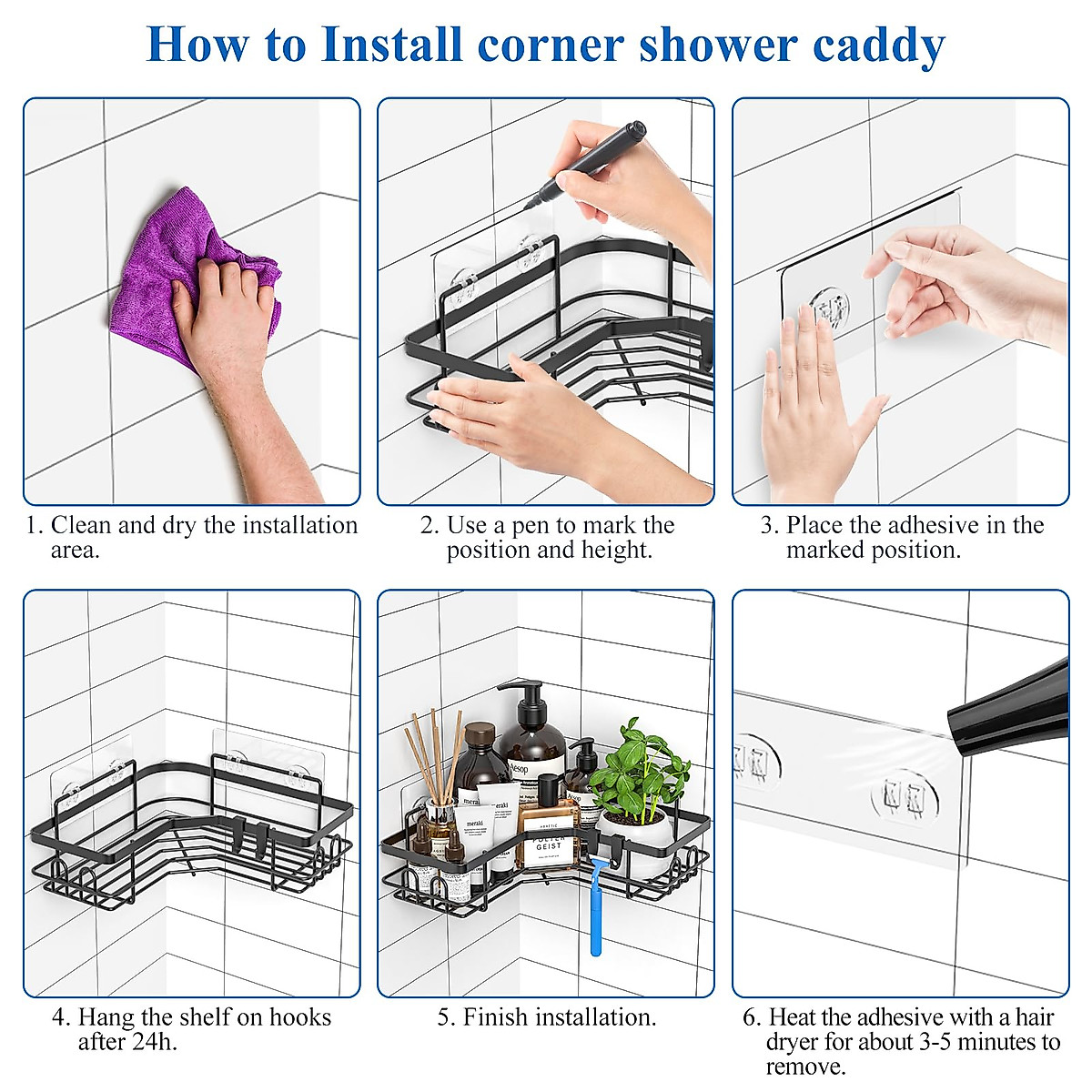 balabuki Corner Shower Caddy Organizer - Stainless Steel Adhesive Shower Shelves with Soap Dish and Hooks, 3 Pack, Black