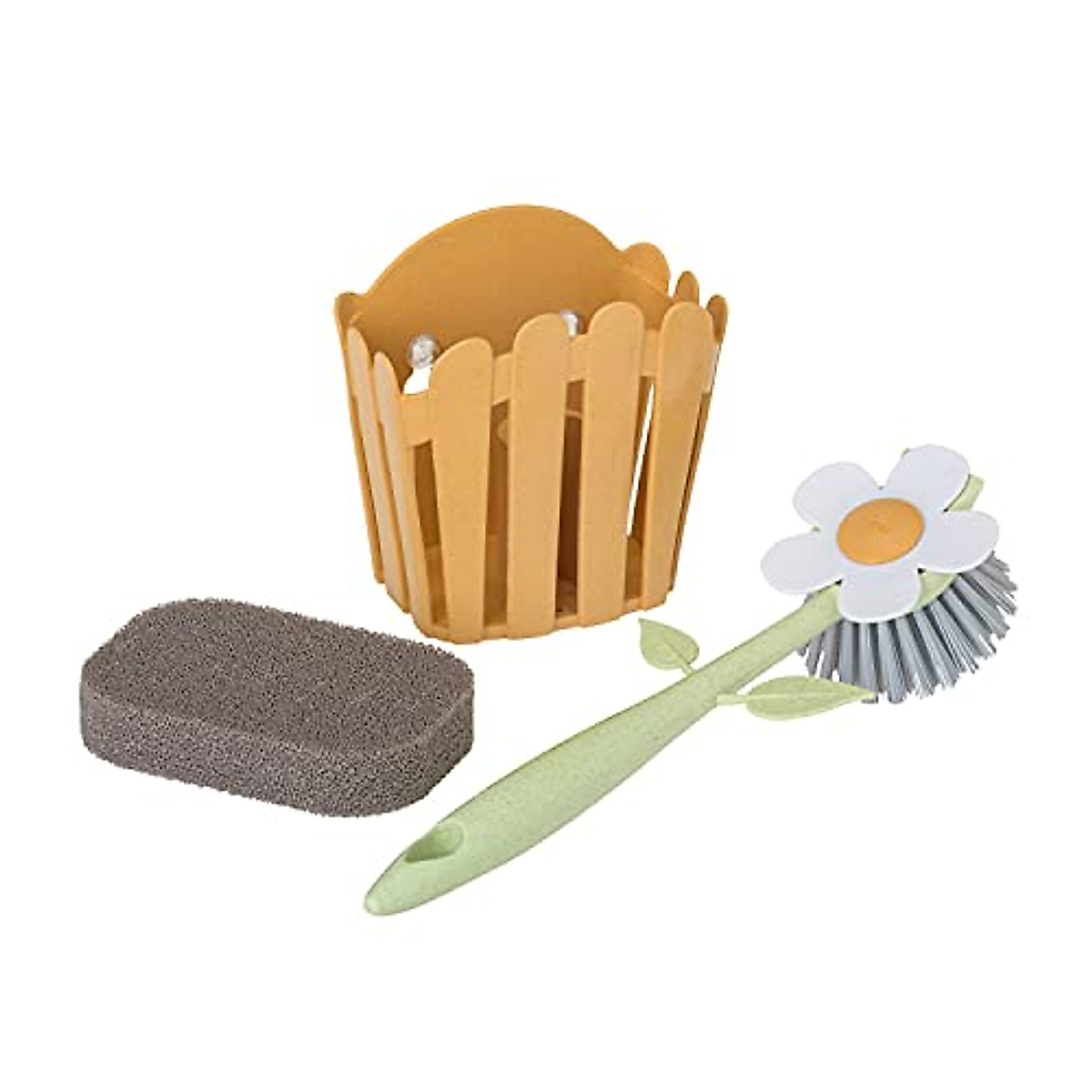 Vigar Florganic 3-piece Sink Caddy Set, Eco-friendly Daisy-shaped Dish Brush, Sponge and Fence-shaped Holder with Suction Cup, Orange