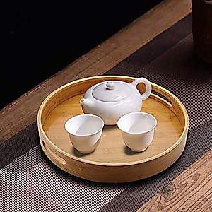 Jucoan 14 Inch Large Round Serving Tray with Handle, Bamboo Wood Circle Tray, Decorative Food Tray for Ottoman, Coffee Table, Breakfast, Drinks