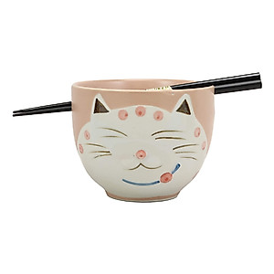Ebros Whimsical Ceramic Peachy Pink Lucky Meow Cat Pasta Ramen Udong Pho Noodles Soup Bowl and Chopsticks Set Dining Gourmet Meal Feline Cats Collection Rice Bowls Decor Kitchen