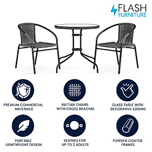 Flash Furniture 3-Piece Patio Dining Set with Round Glass Metal Table and 2 Stackable Rattan Chairs, Indoor/Outdoor Bistro Table and Chairs Set, Gray
